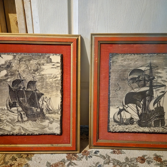 Art | Vintage Scrimshaw Nautical Ship Art Prints In Red Frames | Poshmark